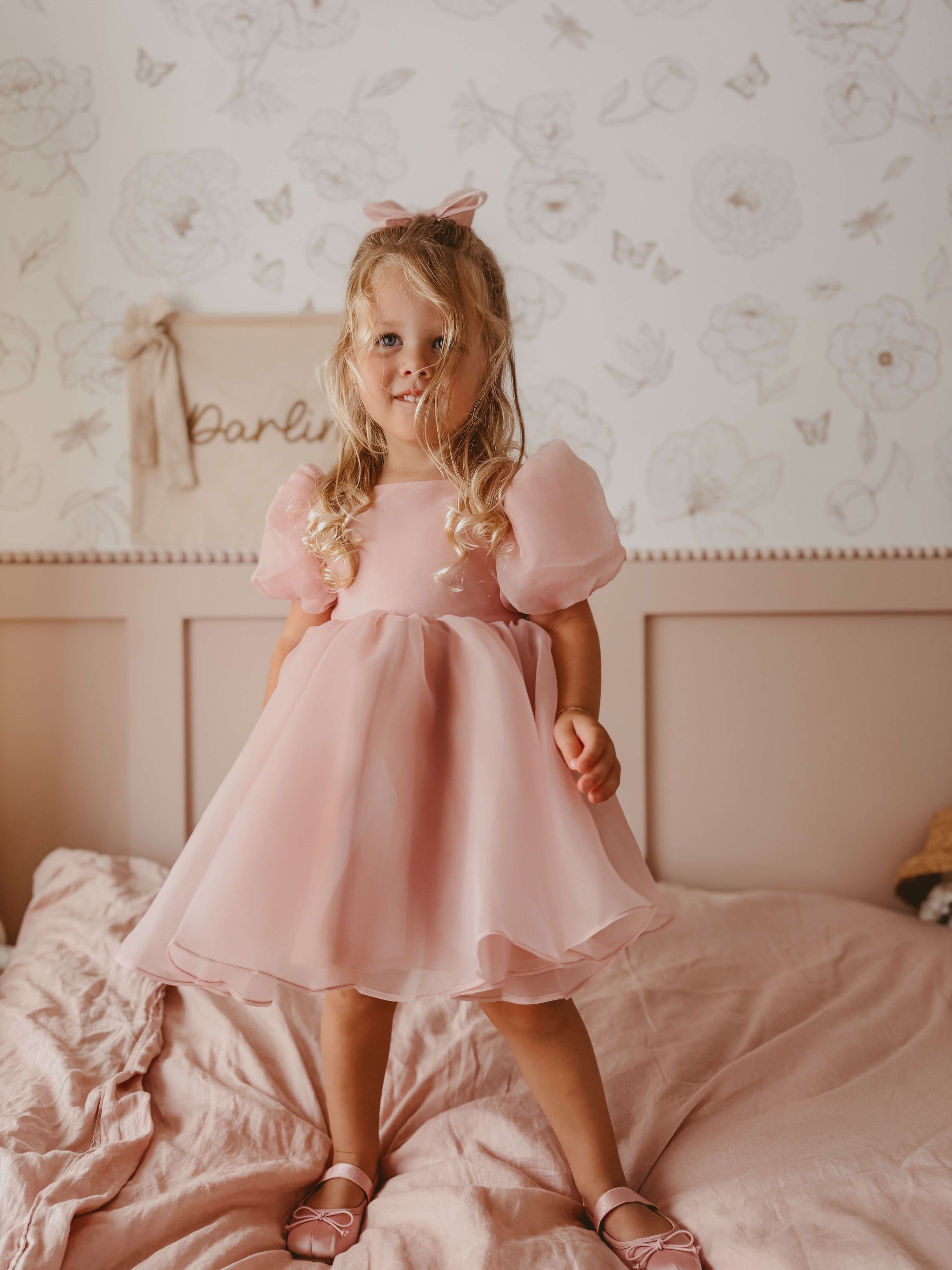 Cleo Dress - Blush Pink Puff Sleeve Flower Girl Dress - Oui Babe